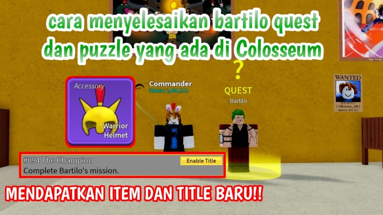 cara menelesaikan bartilo quest & puzzle yang ada di colosseum | blox ...