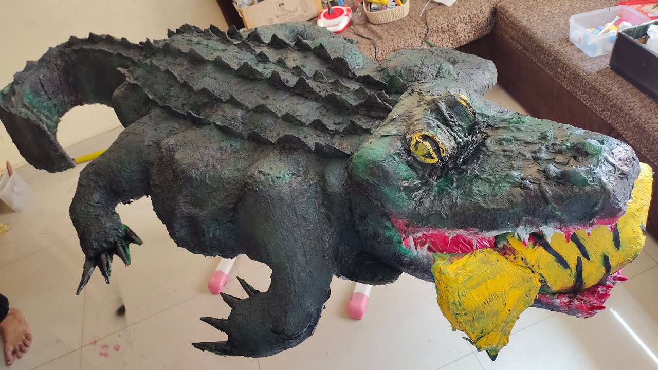 Paper mache alligator for school project. - YouTube