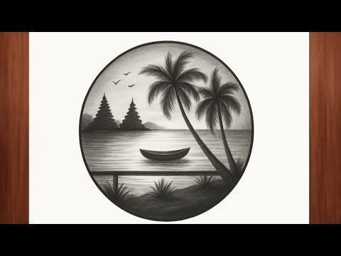 "Beautiful Sunset Scenery Drawing with Charcoal | Easy Landscape Sketch ...