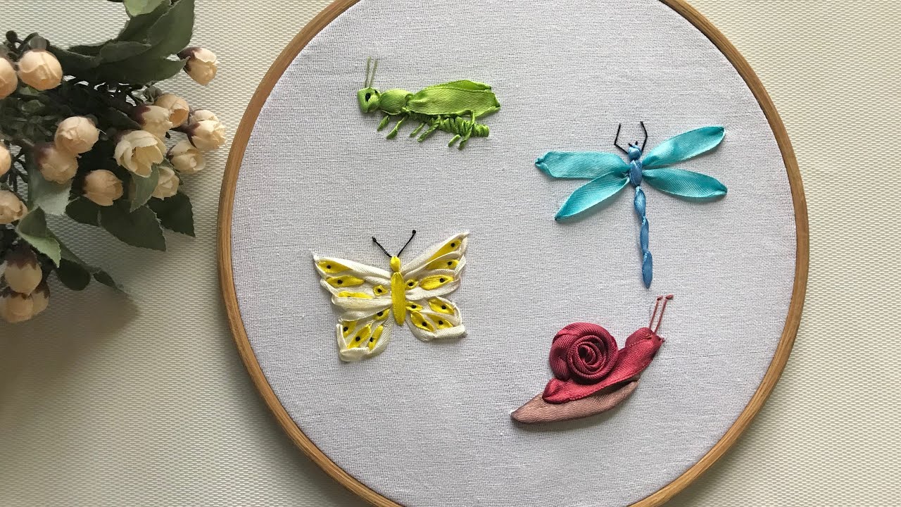 Ribbon embroidery of butterfly, dragonfly,grasshopper & snail | ribbon ...