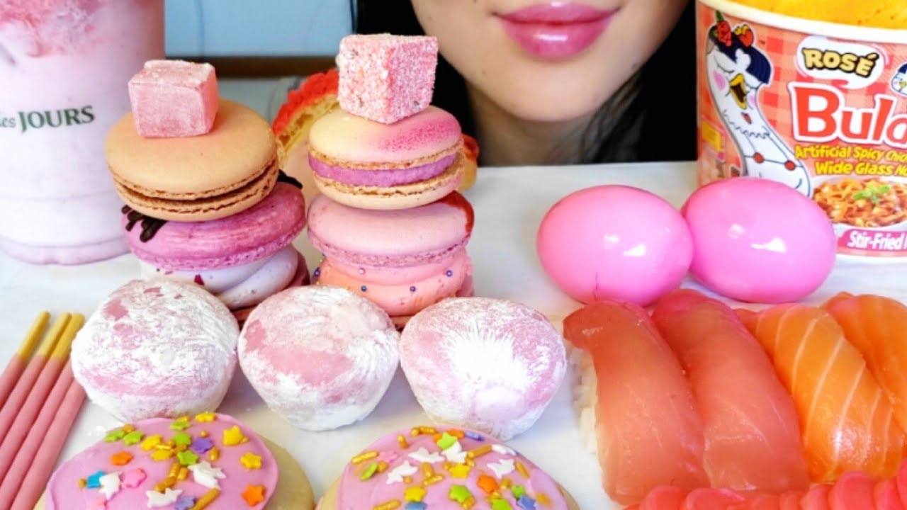 ASMR PINK FOOD PARTY 💗 (PINK EGG, SUSHI, MACARON, MOCHI, GLASS NOODLES ...