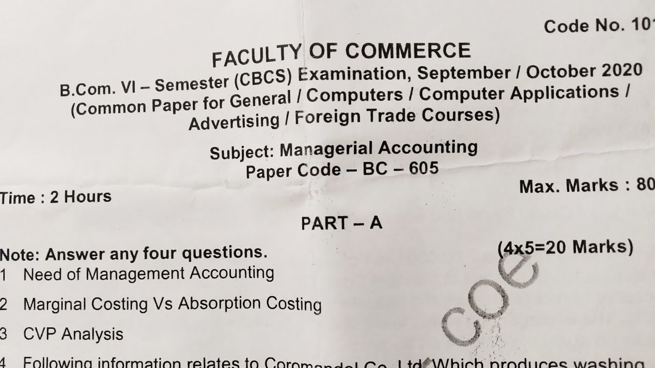 B.com 6th Sem Managerial Accounting 2020 Question paper/ Osmania ...