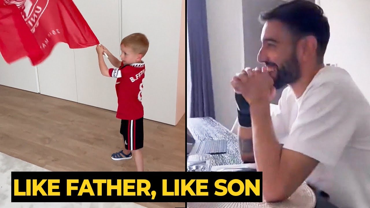 Bruno Fernandes son cute reaction still celebration with United flag at ...