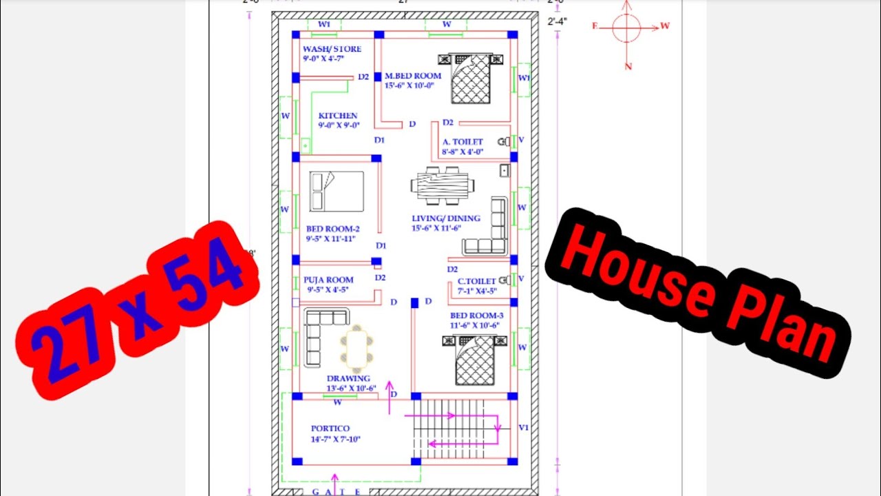 27 x 54 North Facing 3 BHK House Plan as Per Vastu. - YouTube