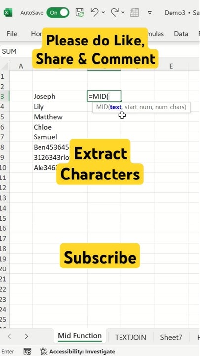 Extract characters using MID Function #exceltips #exceltricks #shorts ...