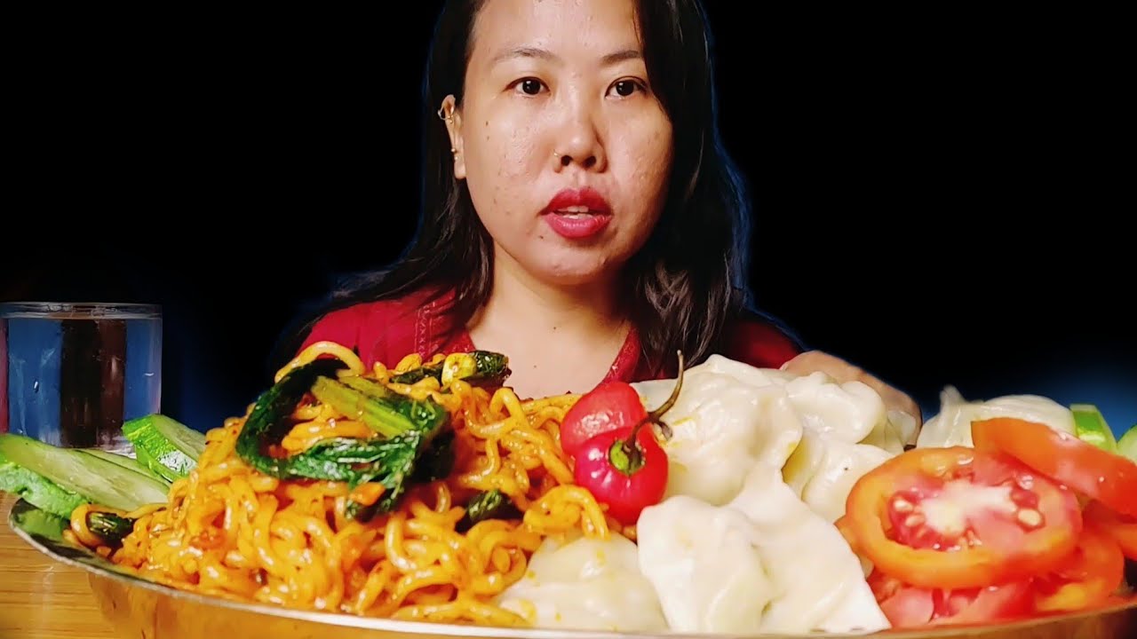 Nepali Mukbang|Hot and spicy Korean noodles,chicken momos with spicy ...