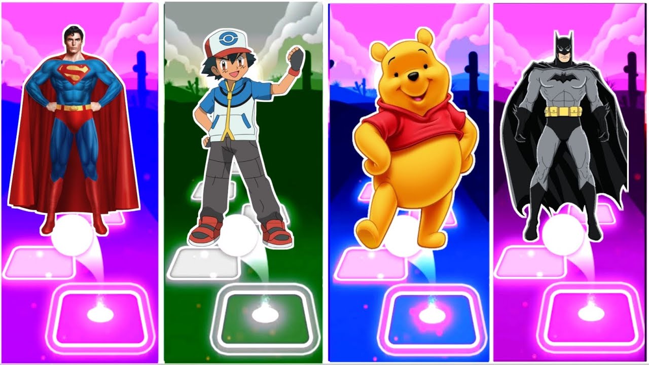 Superman 🆚️ Ash Ketchum 🆚️ Winnie-the-Pooh 🆚️ Batman | Tiles Hop YT Pro ...