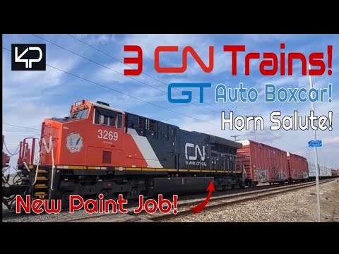 3 CN Freight Trains, Horn Salute, GTW Auto Parts Box Car, New Paint Job ...