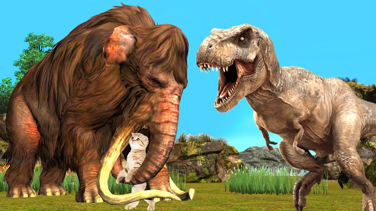 Mammoth Vs T-Rex Dinosaur Fight Saber Tooth Cat Saved by Mammoth ...