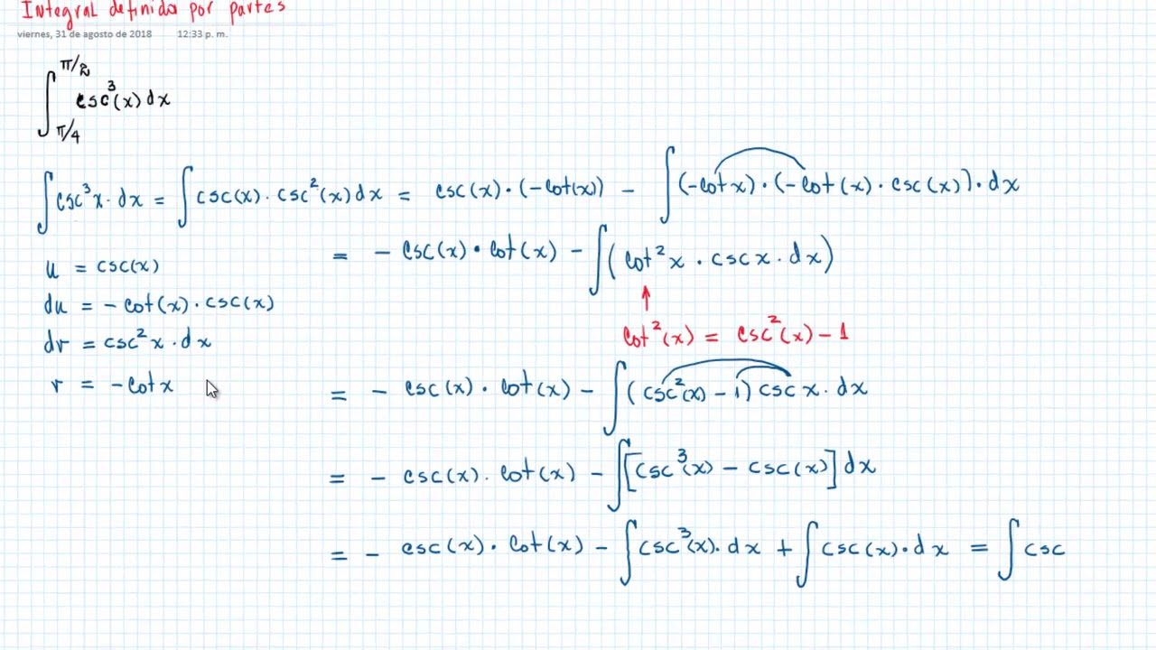 Integral Definida Por Partes Csc 3 x YouTube Integral Definida Por Partes Csc 3 x YouTube