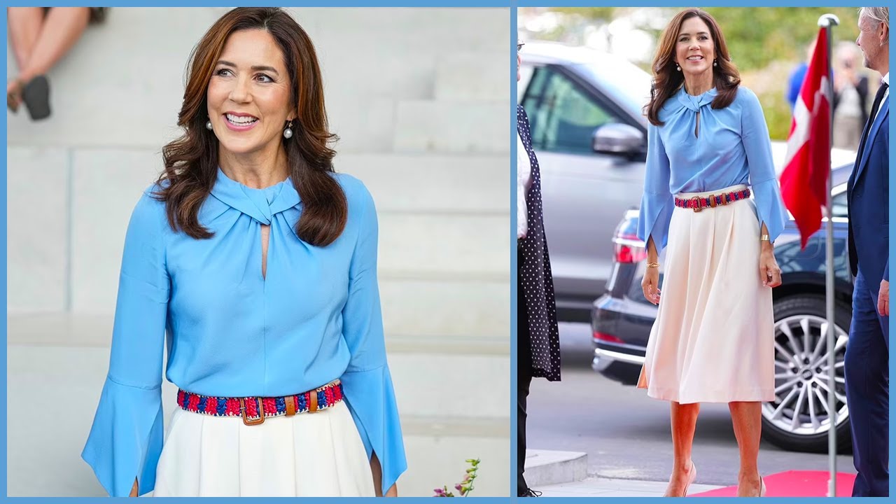 CROWN PRINCESS MARY CHIC IN BABY BLUE BLOUSE AND PRADA BELT FOR LATEST ...