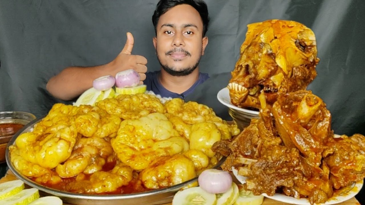 Eating Most Oily Mutton Fat Curry,Spicy Mutton Head Curry || Mutton ...