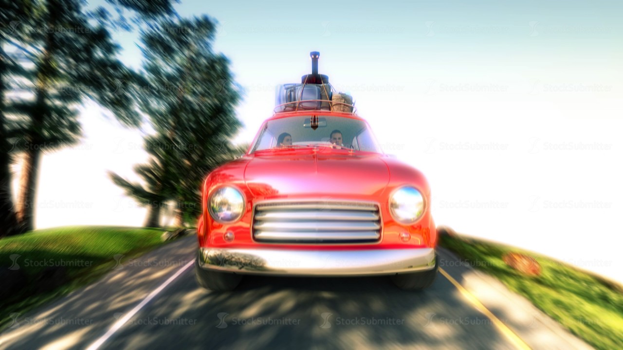 abstract cartoon car traveling with a roof rack on a mountain road. 4k ...