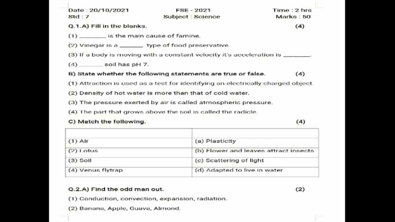Class 7 Science question paper | First Semester Exam - 2021. # ...