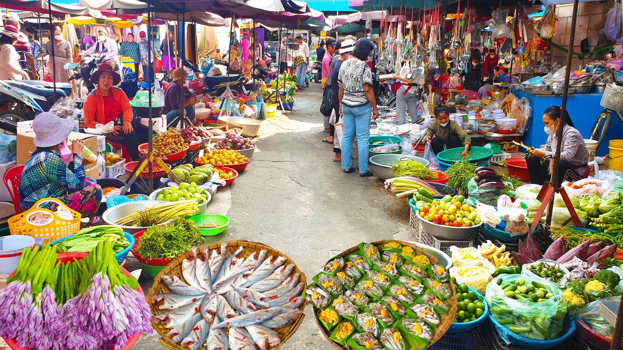 Takhmao Old Market Food Show - Natural Fishes, Vegetables, And More For ...