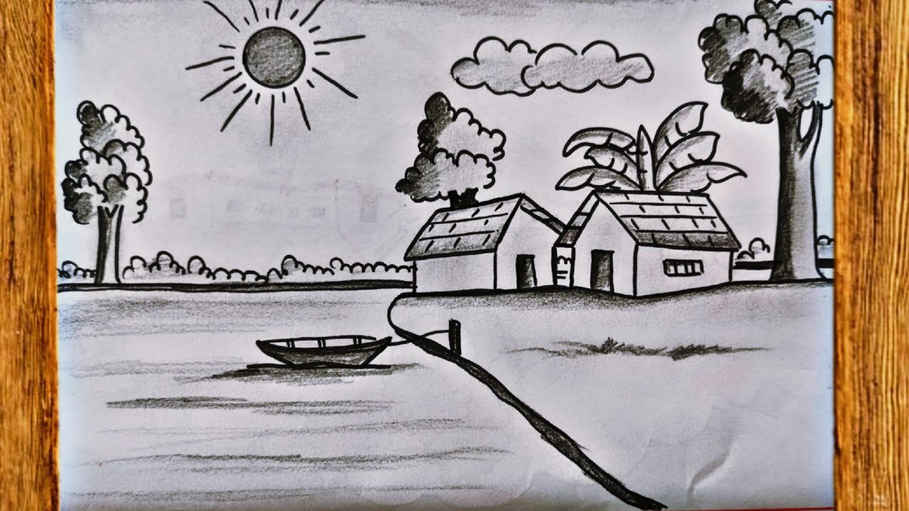 Village Drawing Tutorial For Beginners | Easy Landscape Village Drawing ...