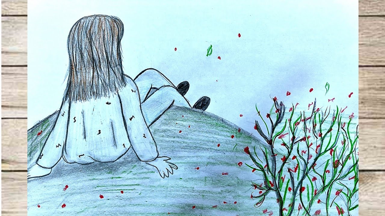 A beautiful drawing of a girl sitting on a mountain with a pencil in ...