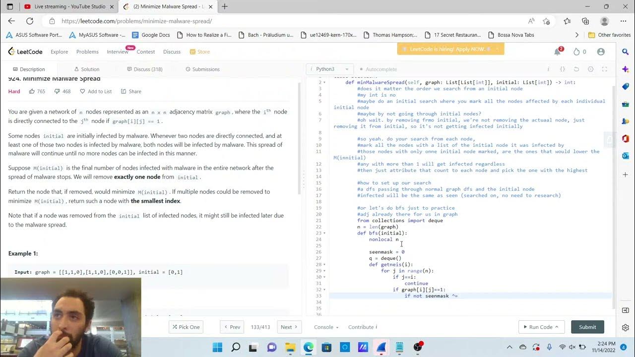 Leetcode Hard 924 Minimize Malward Spread Live Solve Not Educational Youtube