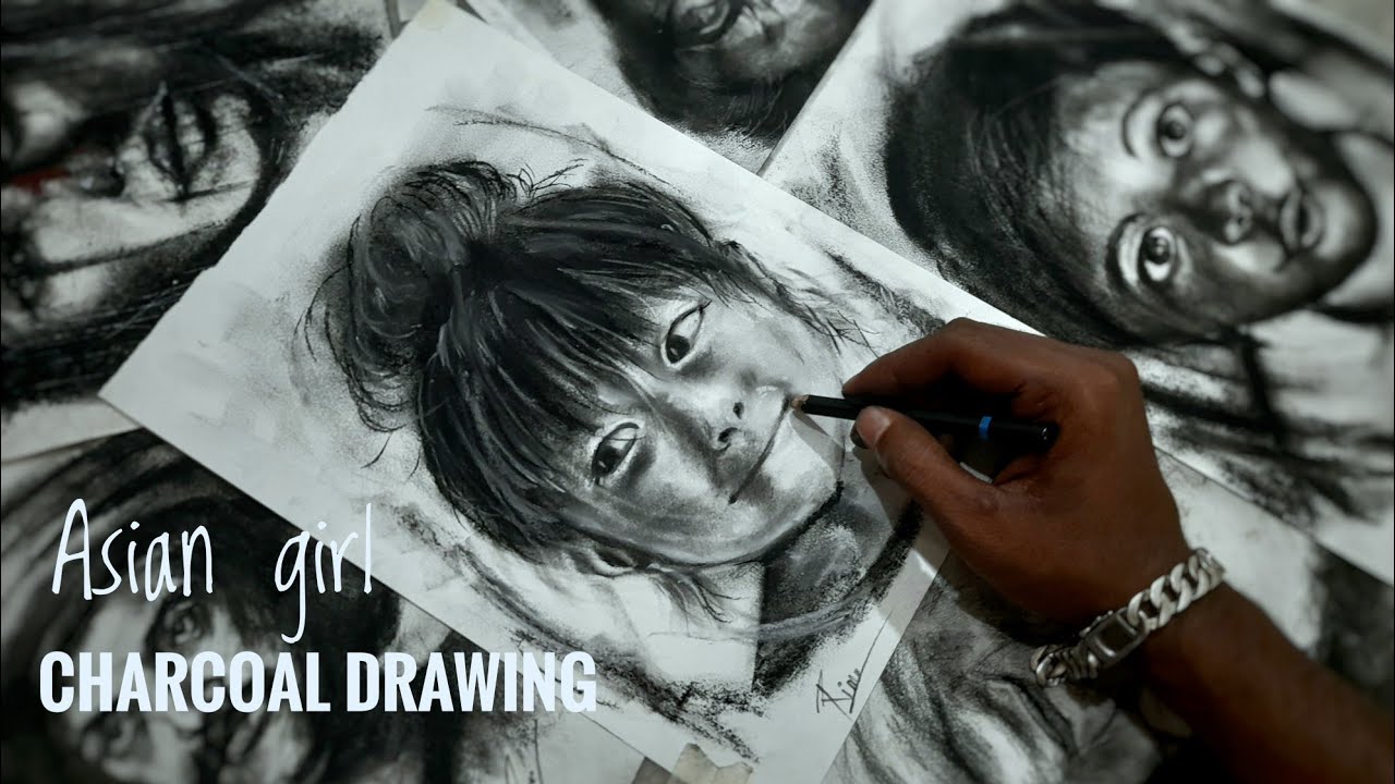 Cute Asian girl Charcoal Drawing // daily art //Step by Step // Day #7 ...
