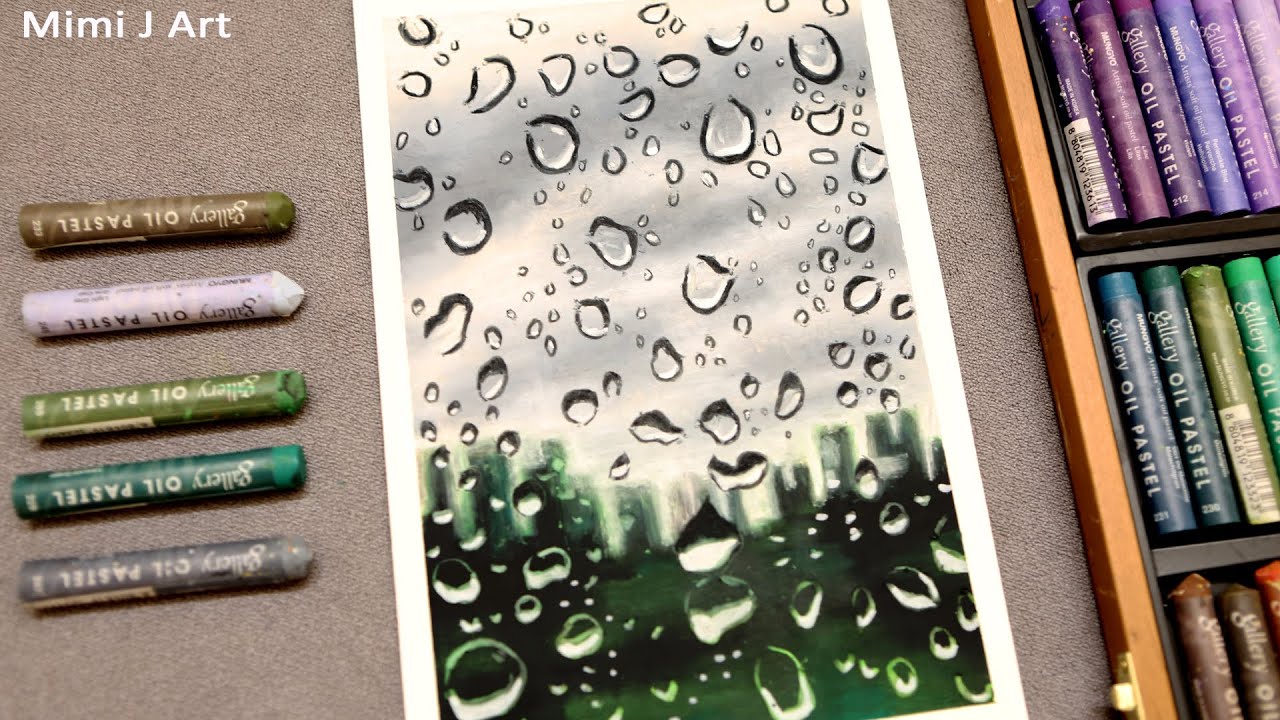 Oil Pastel Drawing/ Rainy Day/ How to Draw Water Drops for Beginner ...