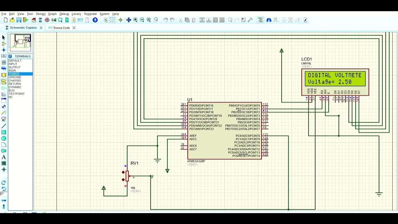 Use ADC Ch0, Interrupt Timer1 every 10 ms, and LCD Display 0 5V Volt Meter Proteus Simulation ...