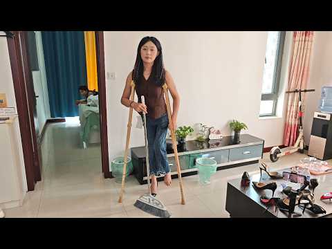 Milana the Polio Girl - Cleaning Home Hygiene with Cane #disabled #crutches #polio