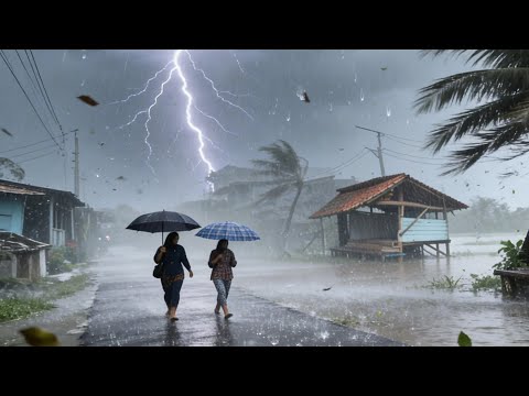 Heavy rain pours down on a green mountain village || rain sounds for sleeping