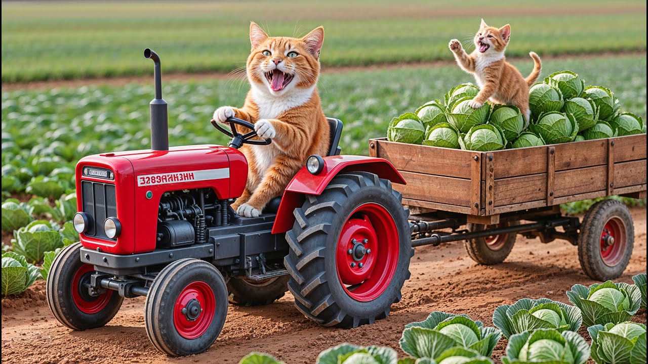 Mama Cat Falls When Harvests Cabbage, Kitten Drive Tractor Help Mother ...