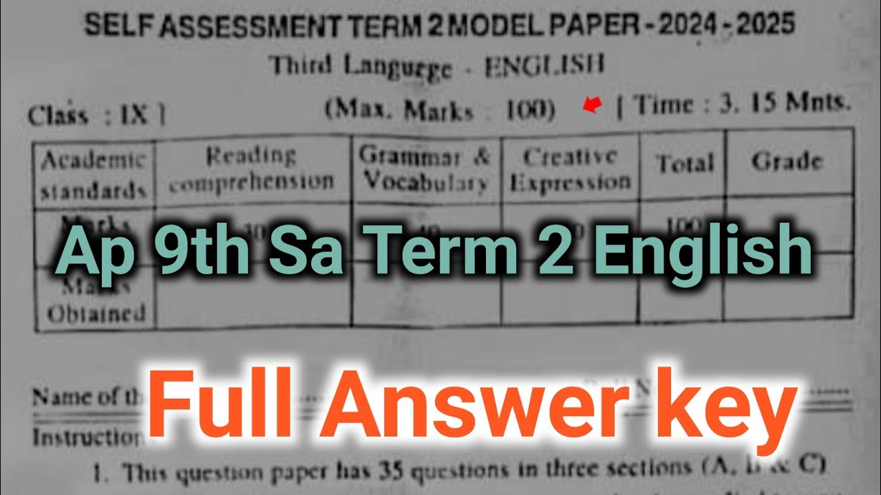 💯Ap 9th class English self assessment term 2 model paper answer key ...