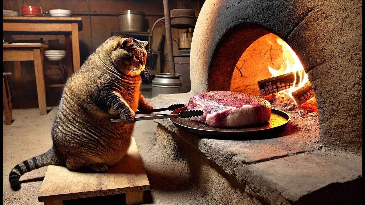 🔥 A cat cooking steak on a firewood stove? (Mouthwatering! 🤤)🐱+🔥 - YouTube