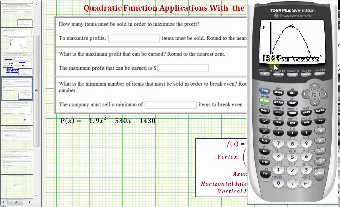 Ex: Quadratic Application Solved using the TI84 (Profit) - YouTube