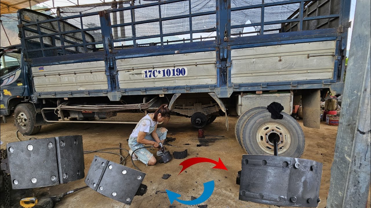 Repair, restore broken rear brake system for trucks by a mechanic girl ...