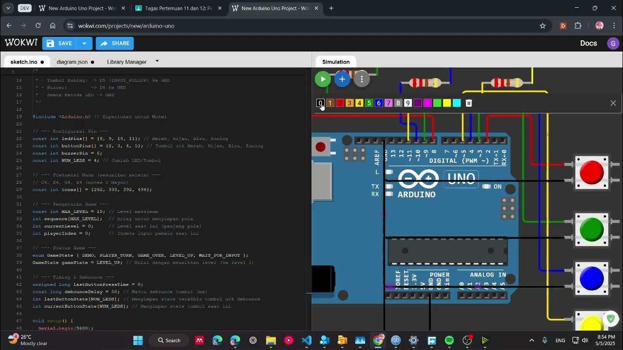 Membuat Simulasi Game Simon Says (Memory Game) menggunakan Arduino Uno dengan simulator Wokwi ...