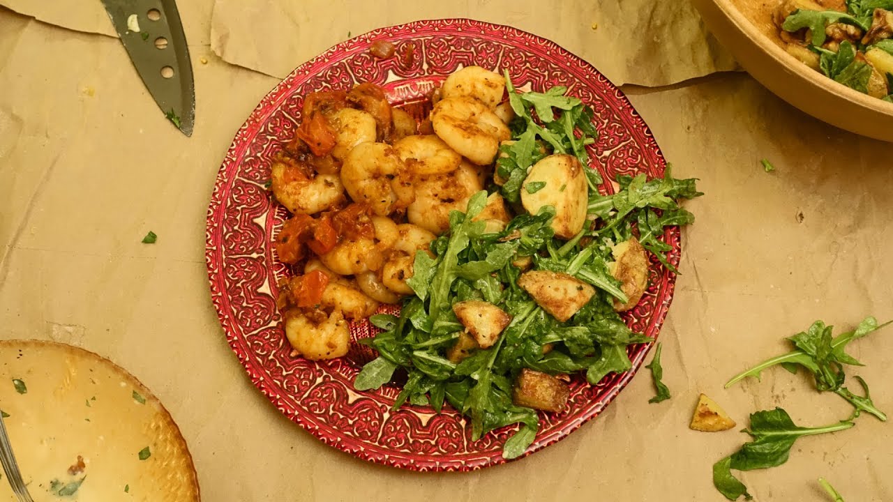 Cooking Garlicky Shrimp with Roast Potatoes and Walnut Parsley Pesto ...