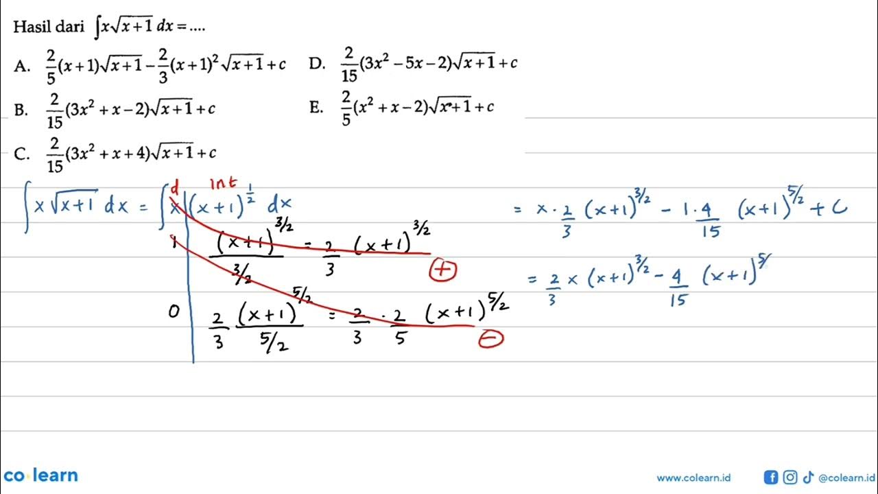 Hasil dari integral x akar(x+1) dx=... - YouTube