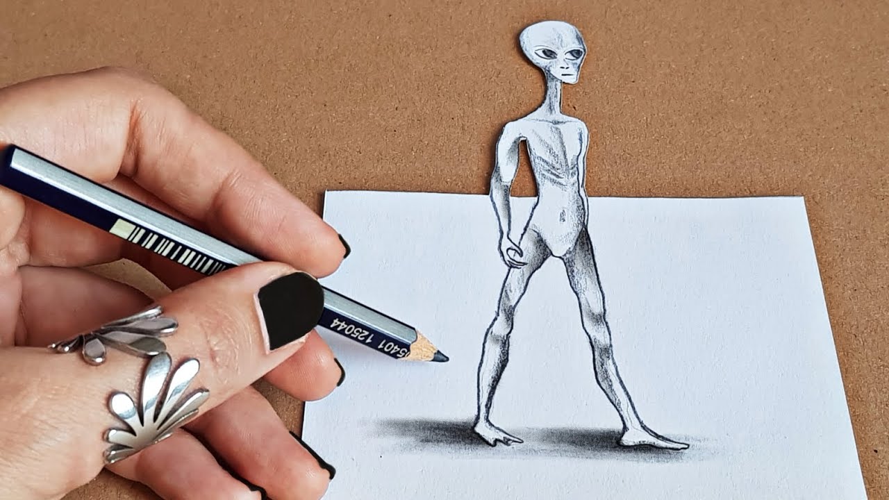 ALIENS ON EARTH || HOW TO DRAW 3D ALIEN ON PAPER? EASY 3D DRAWING ...