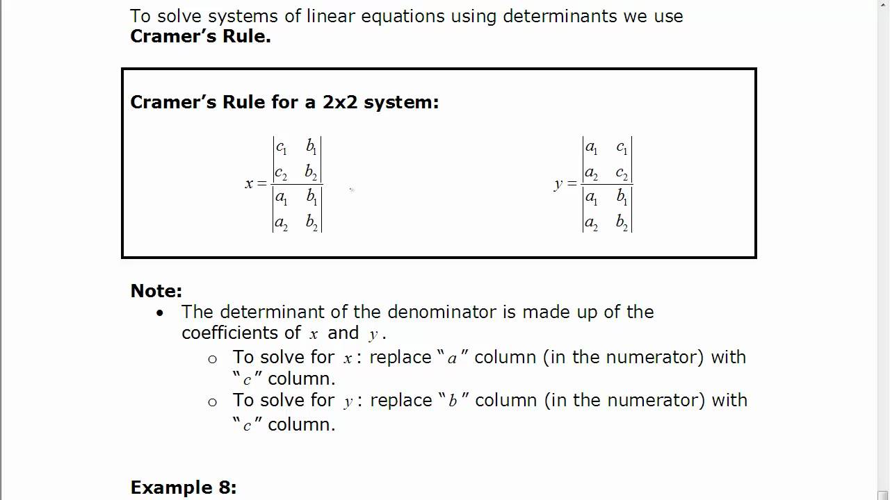 Solving A 2X2 System Of Equations Using Determinants YouTube