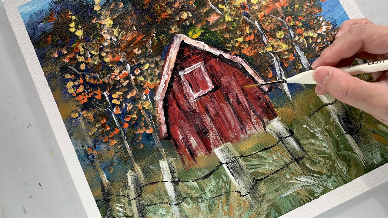 Red barn acrylic painting, How to paint autumn farm in Acrylics # ...