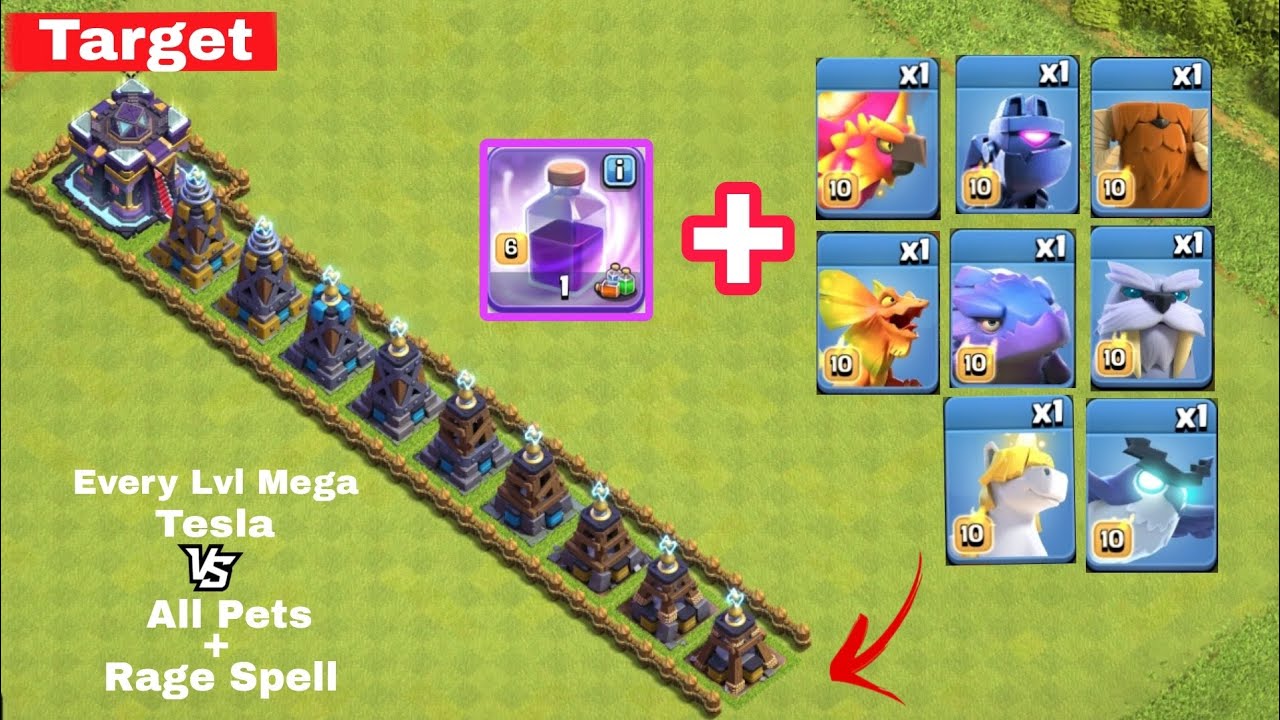 All Pets + Rage Spell Vs Every Level Mega Tesla Clash Of Clans - YouTube