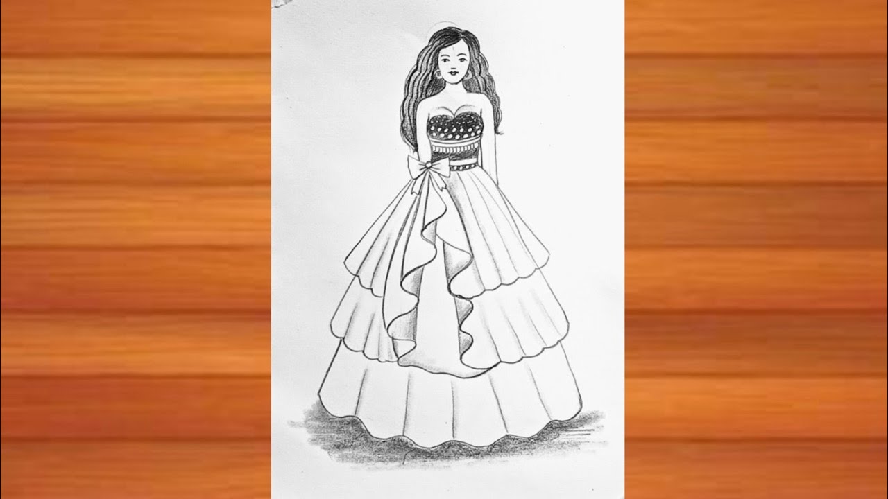Very easy girl drawing with pencil, beautiful dress drawing step by ...