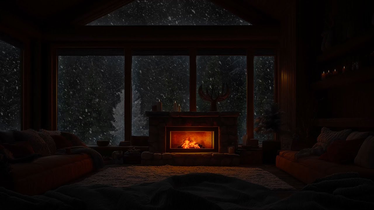 Winter Cabin Ambience 🔥 Quiet Snowfall Night with Crackling Fireplace ...