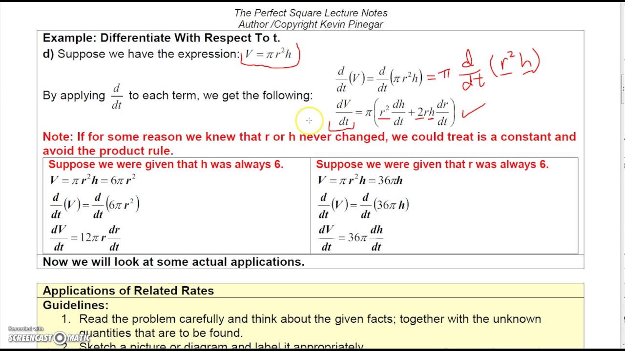 Business Calculus 2.8.1 Related Rates Part 1 - YouTube