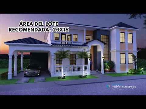 DISEÑO CASA clásica MODERNA 23x16 en DOS PISOS [Planos con 4 habitaciones] | Arq Pablo Restrepo
