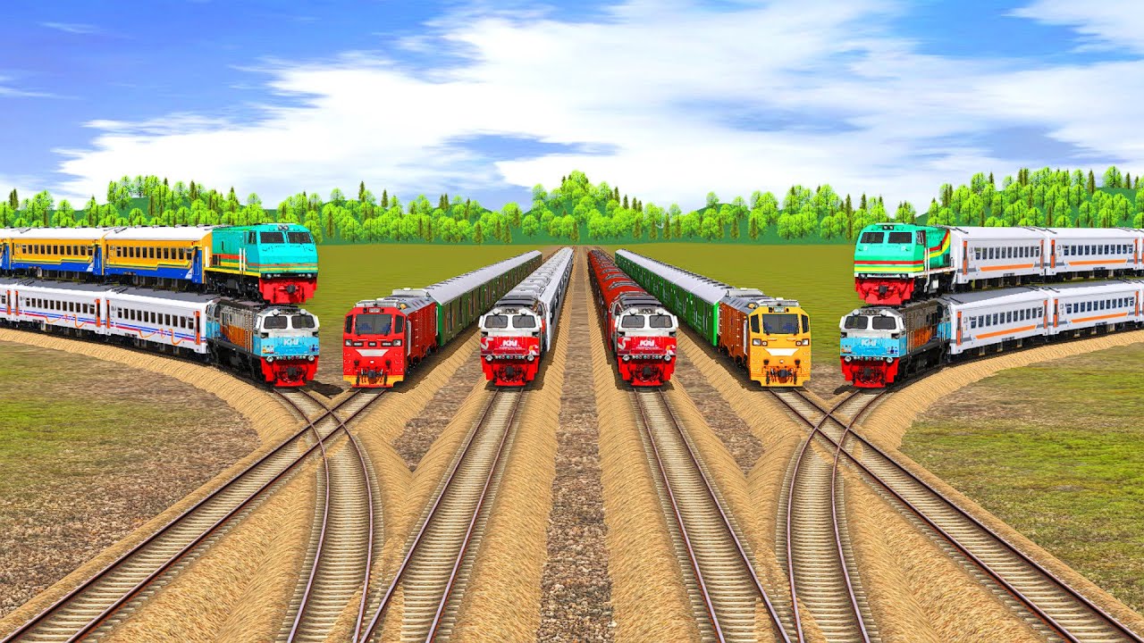 8 DIESEL TRAINS CRAZY CROSSING ON TOP AND DOWN EACH TRACK-2 TRAINS ...