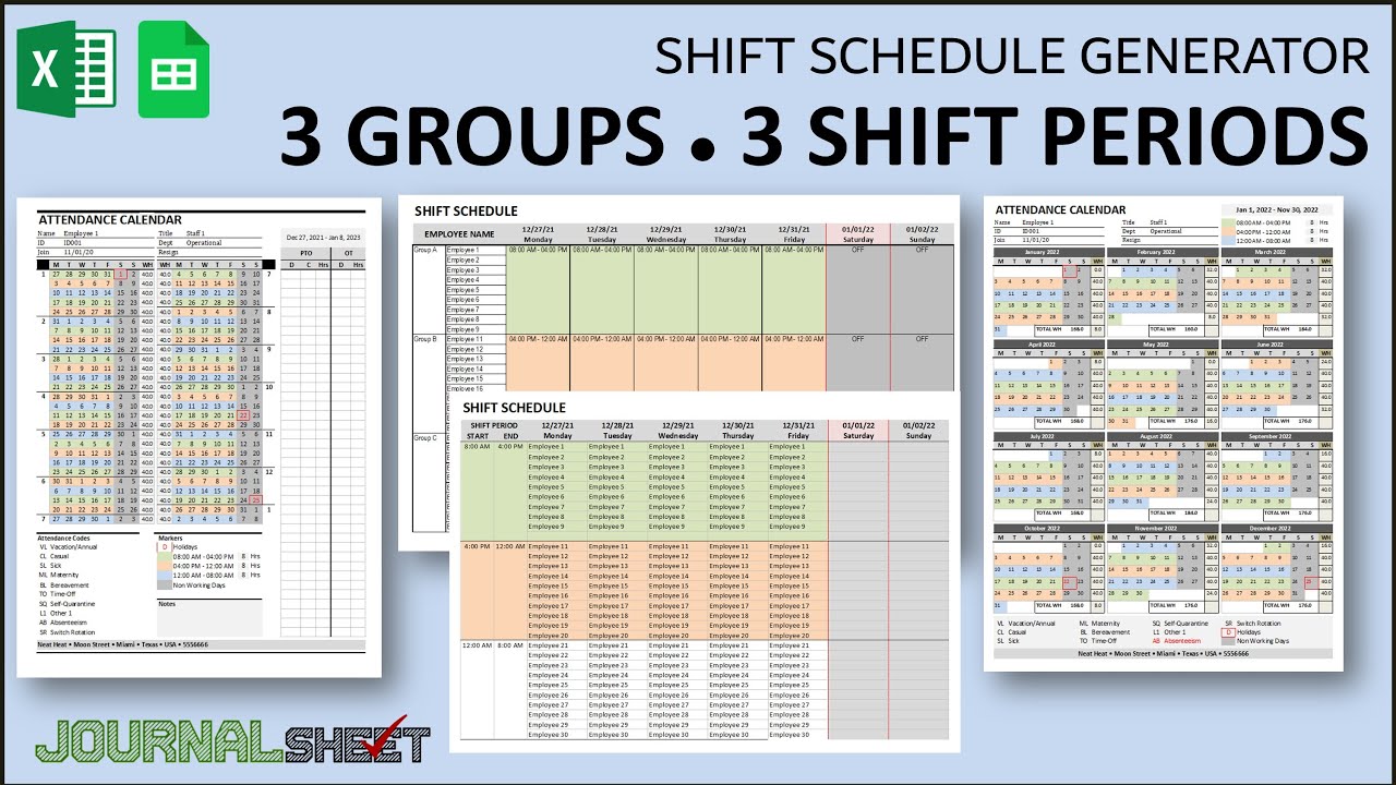 Shift Schedule Generator for Excel and Google Spreadsheet : 3 Team 3 Shift Pattern - YouTube