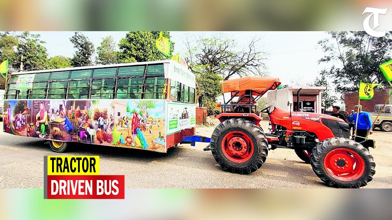 Watch a unique modified tractor driven bus on way to Delhi for tractor ...