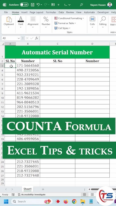COUNTA Formula | Excel Tips & Tricks | Sequence Formula #excel #exceltips #shorts - YouTube