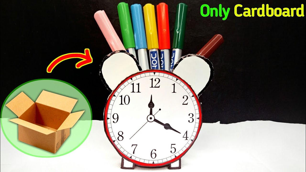 How to make Pen Stand - Clock Design | DIY Cardboard Pen Stand | How to ...