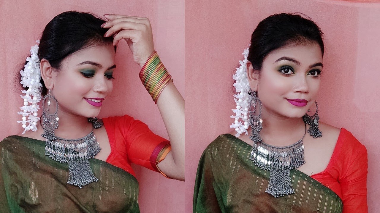 Pahela Boishak makeup tutorial | Green smokey eye | Susmita Sahoo - YouTube