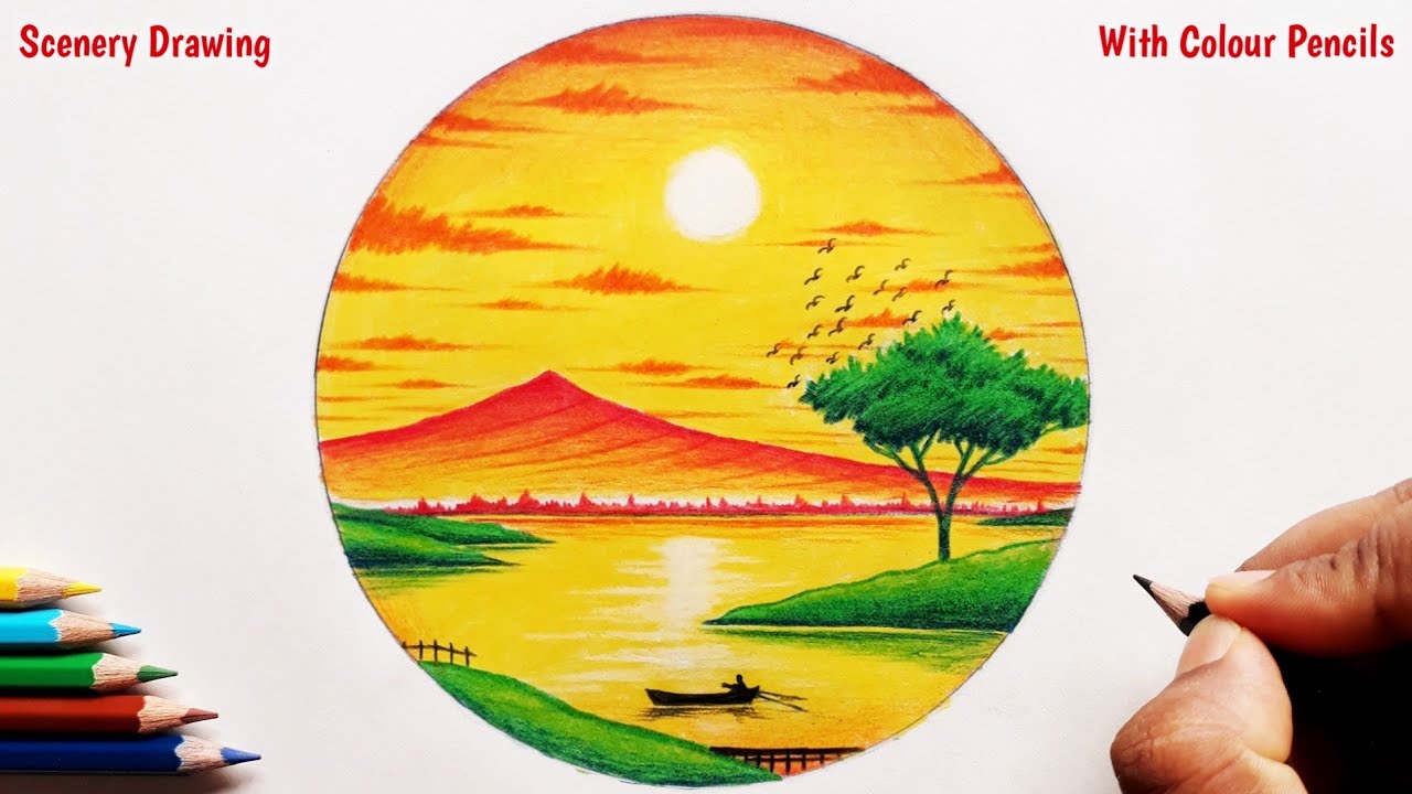 How to draw a Scenery with Colour Pencils || Landscape Scenery || Easy ...